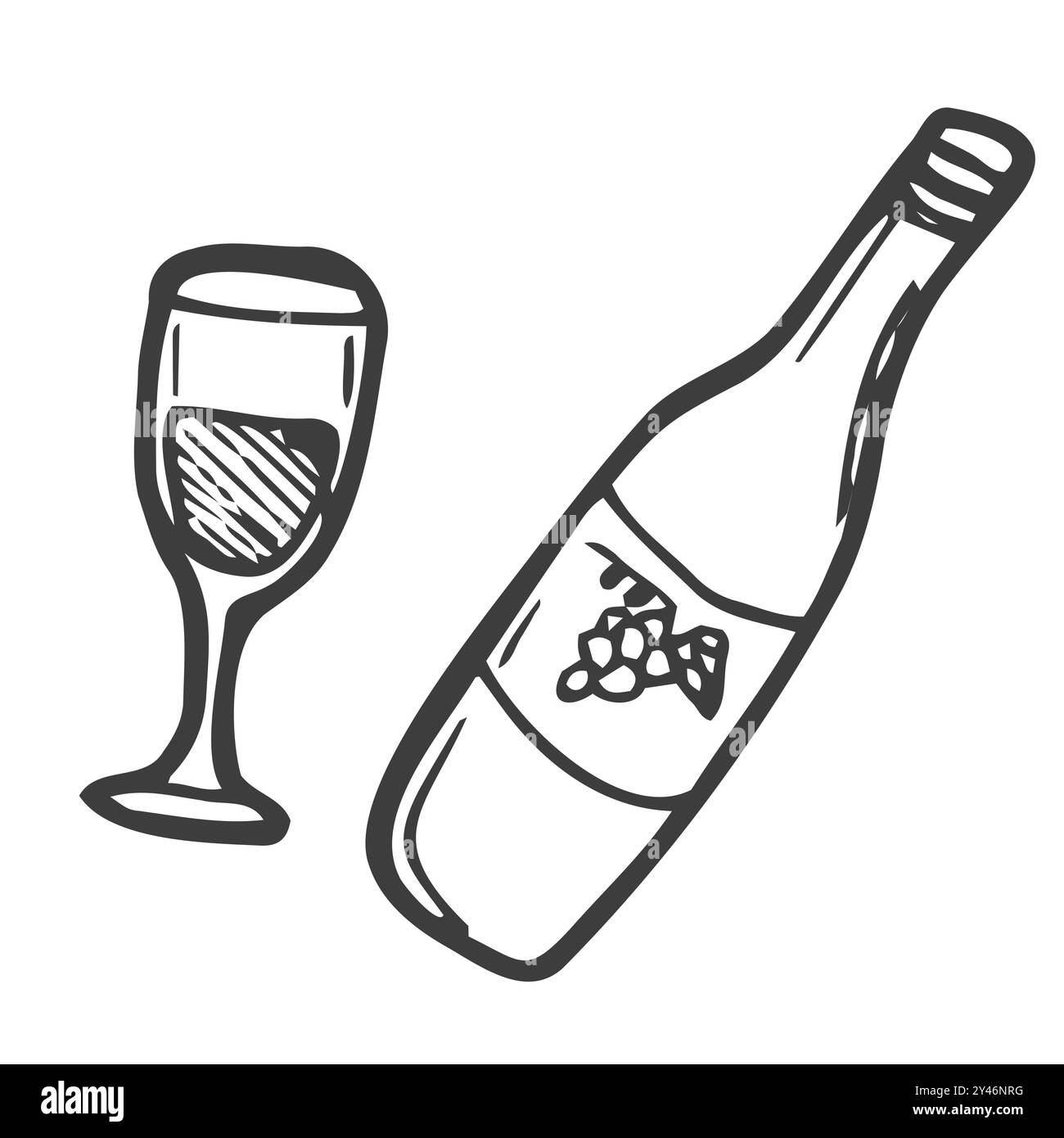 Vector botlle and wine glass, alcohol, line art, doodle, minimalistic ...