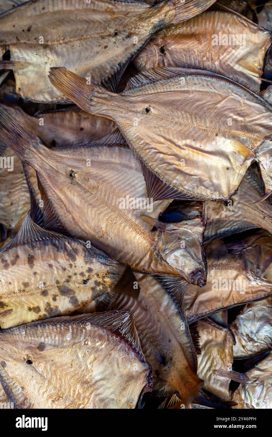 Dried fish arranged neatly for sale at a bustling market in an Asian ...
