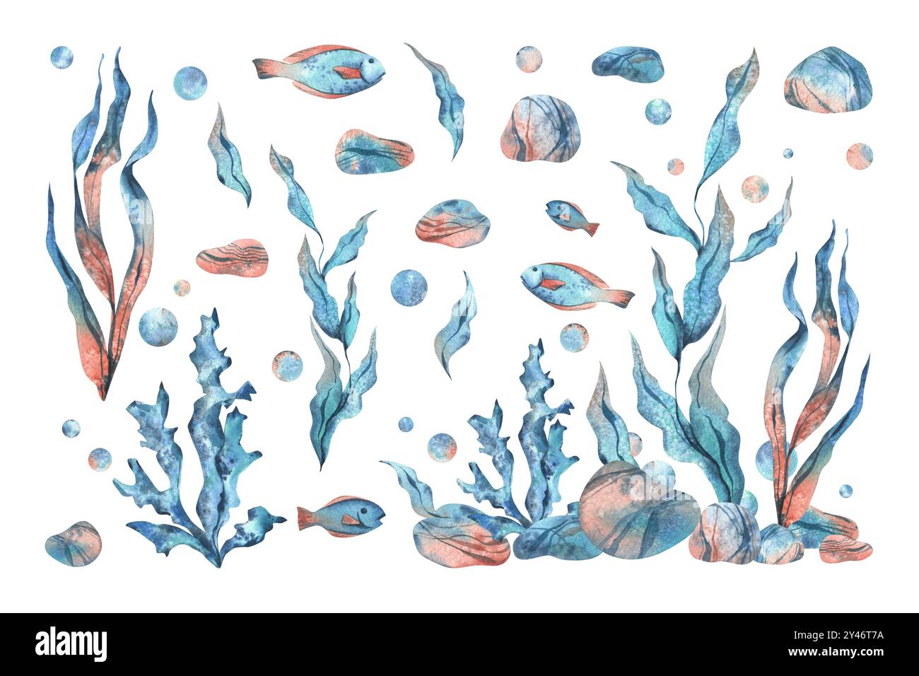 Underwater world clipart with sea animals fish, pebbles, bubbles, coral ...
