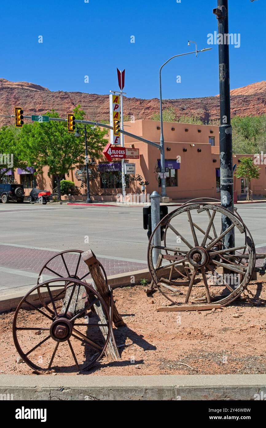 Road sign for famous Apache Motel on Main Street in downtown Moab Utah ...