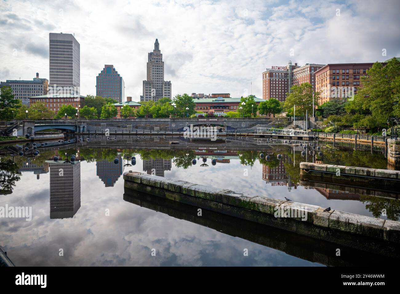 Downtown cityscape viewed from above the Providence River. Providence ...