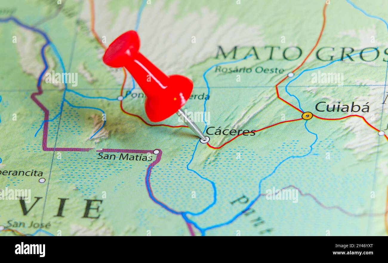 Caceres, Mato Grosso, Brazil pin on map Stock Photo - Alamy