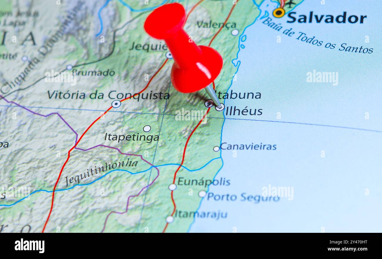 Ilheus, Brazil pin on map Stock Photo - Alamy
