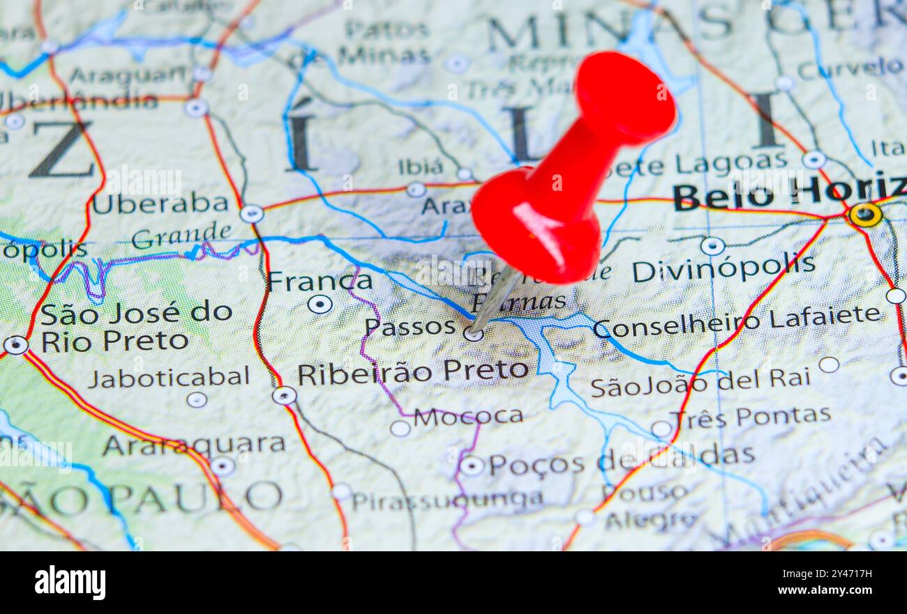 Passos, Brazil pin on map Stock Photo - Alamy