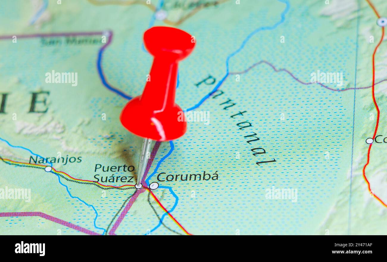 Puerto Suarez, Bolivia pin on map Stock Photo - Alamy