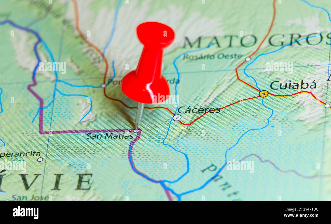 San Matias, Bolivia pin on map Stock Photo - Alamy