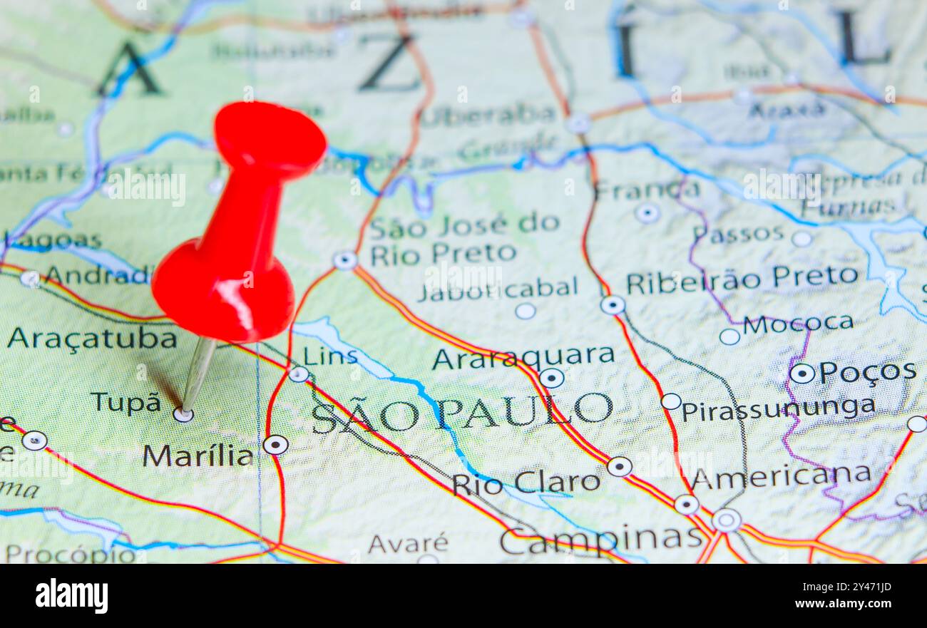 Tupa, Sao Paulo, Brazil pin on map Stock Photo - Alamy