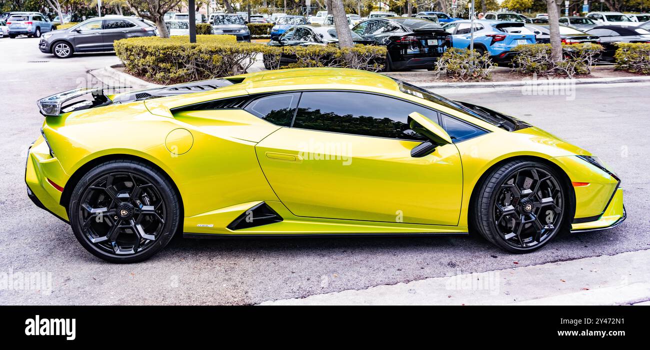 Miami Beach, Florida USA - June 9, 2024: 2023 Lamborghini Huracan Tecnica yellow at miami beach ...
