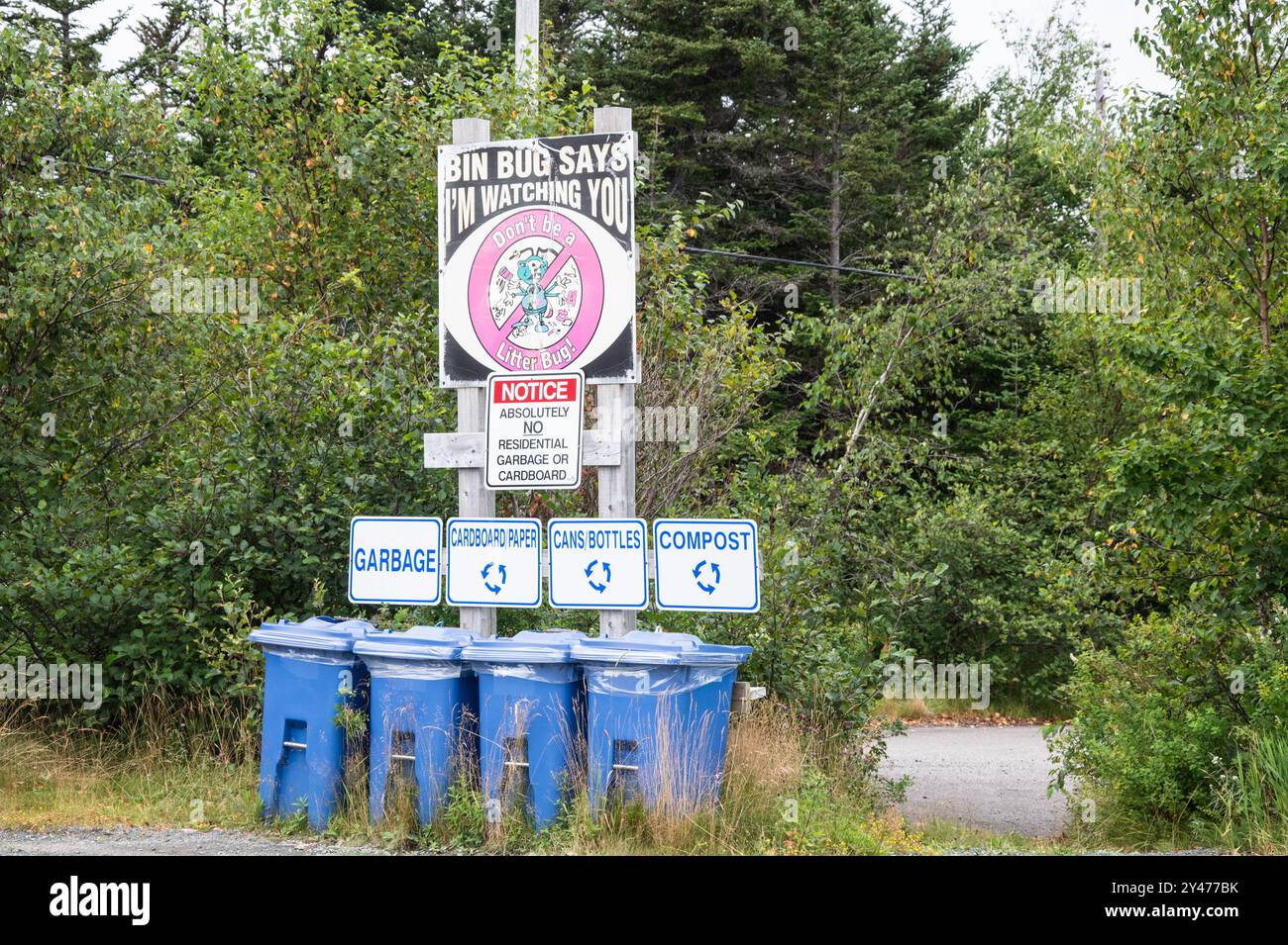 Bin bug sign on Thermal Plant Road in Holyrood, Newfoundland & Labrador ...