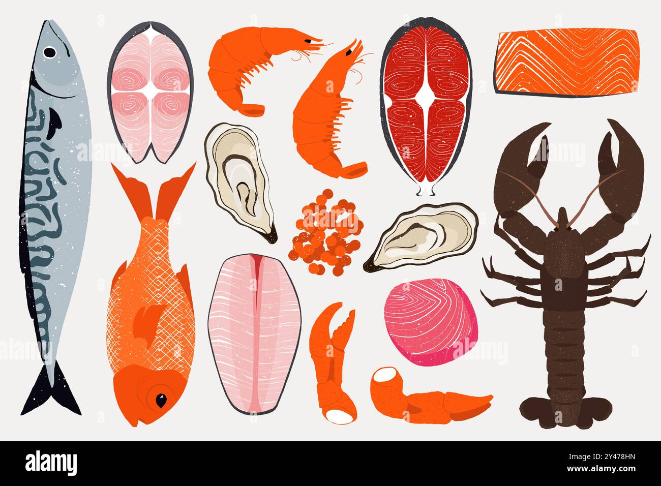 Cartoon sea products. Fresh fish shellfish seafood, raw marine ...