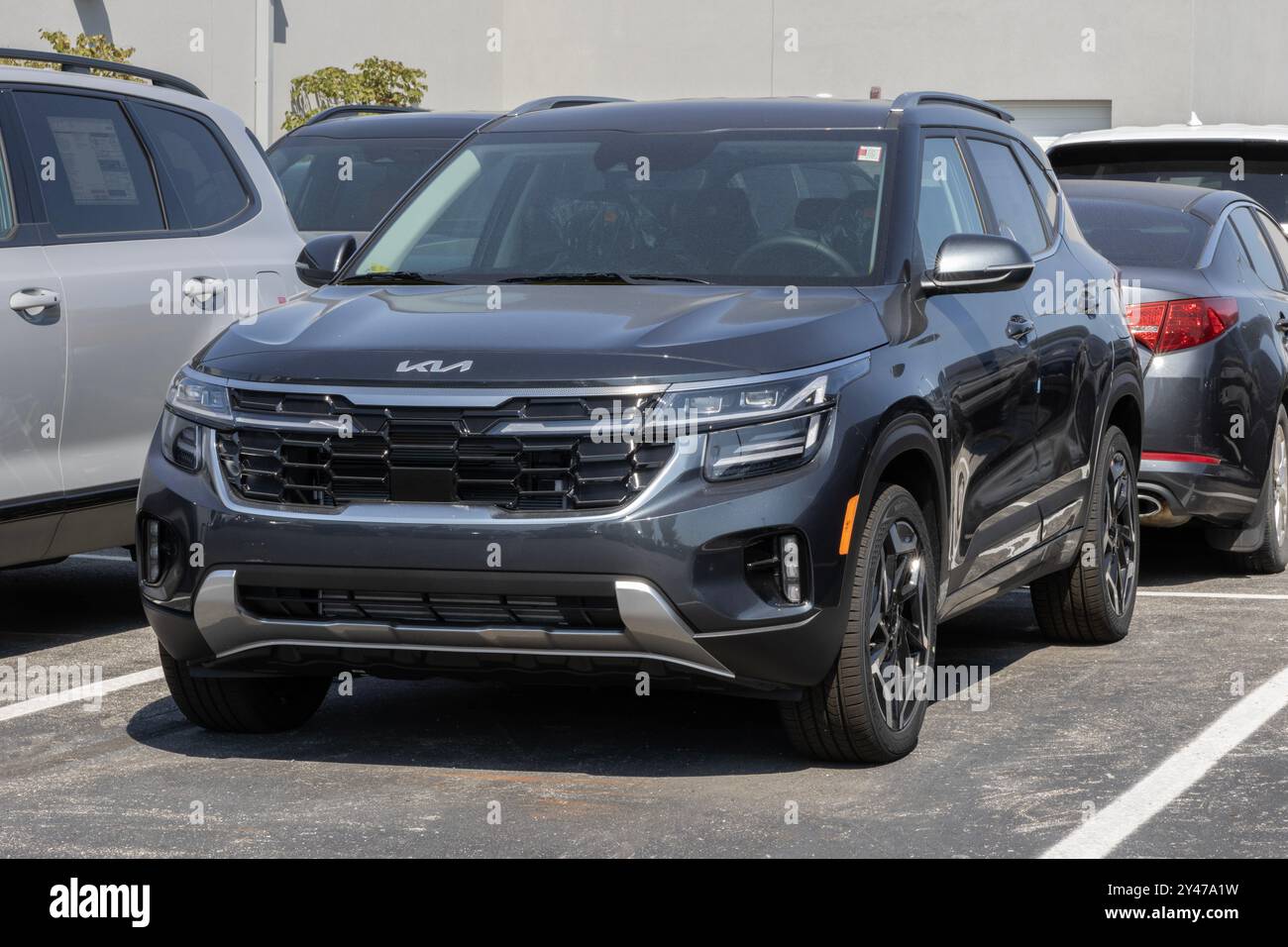 Avon - September 15, 2024: Kia Seltos SX Turbo AWD display at a dealership. Kia offers the ...