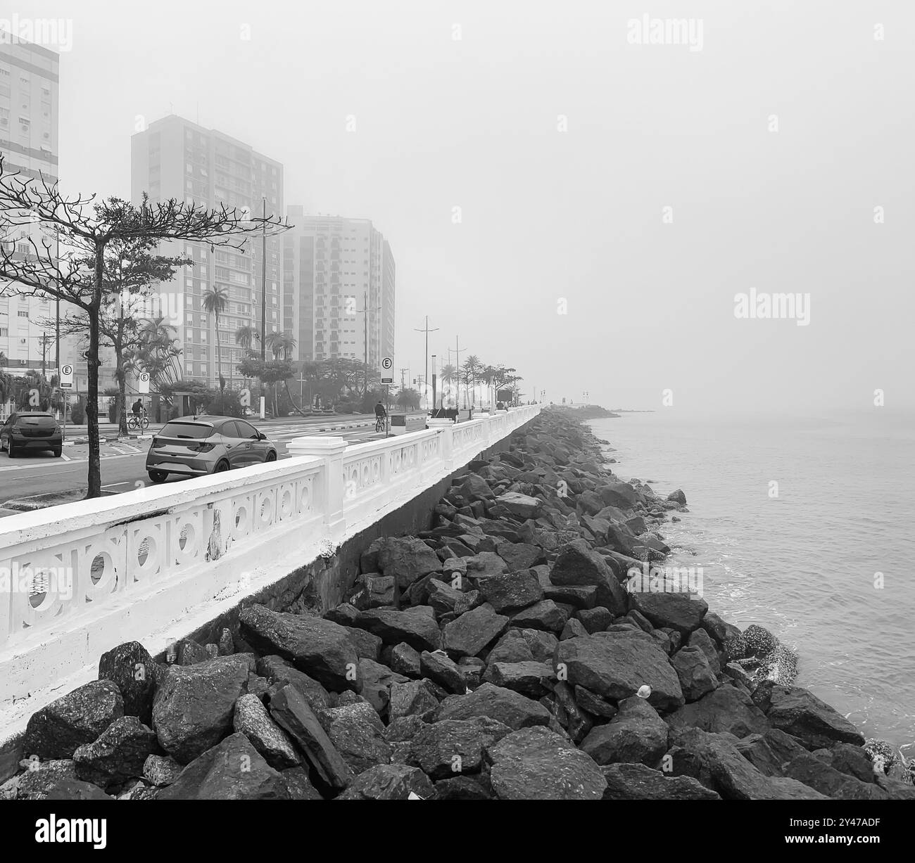 Santos city, Brazil. Fog on the beach in the Ponta da Praia region ...