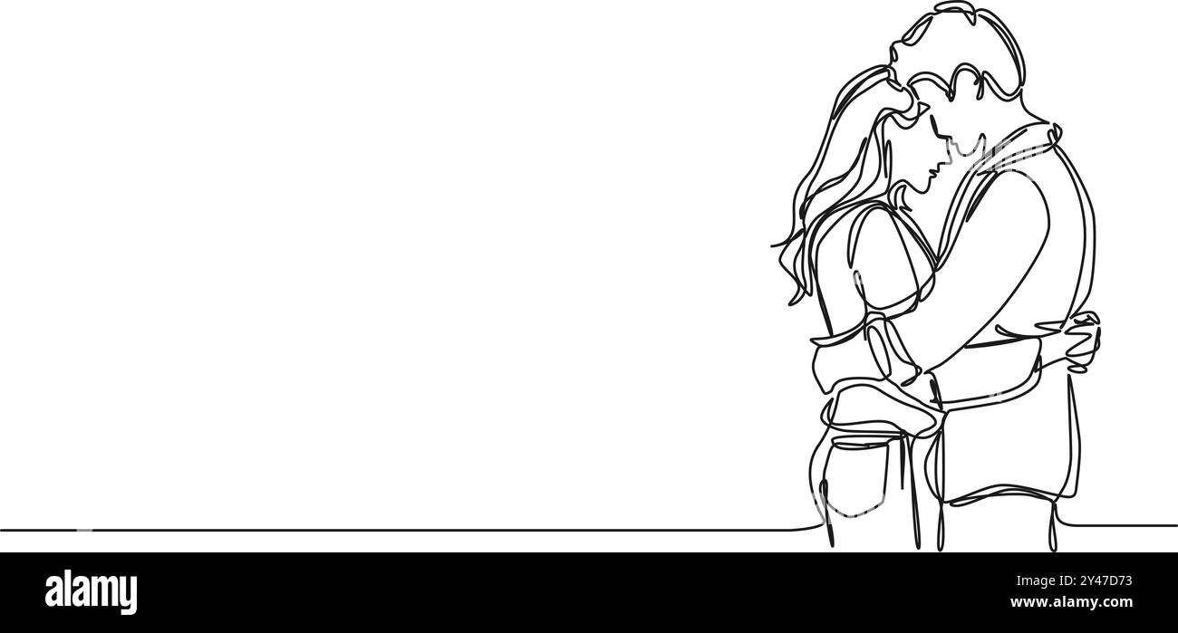 continuous single line drawing of young couple hugging, line art vector ...