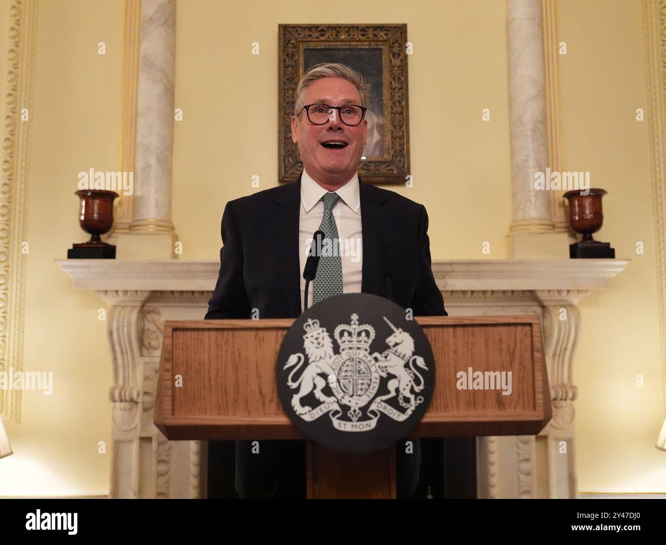 Prime Minister Sir Keir Starmer delivers a speech during a reception in ...