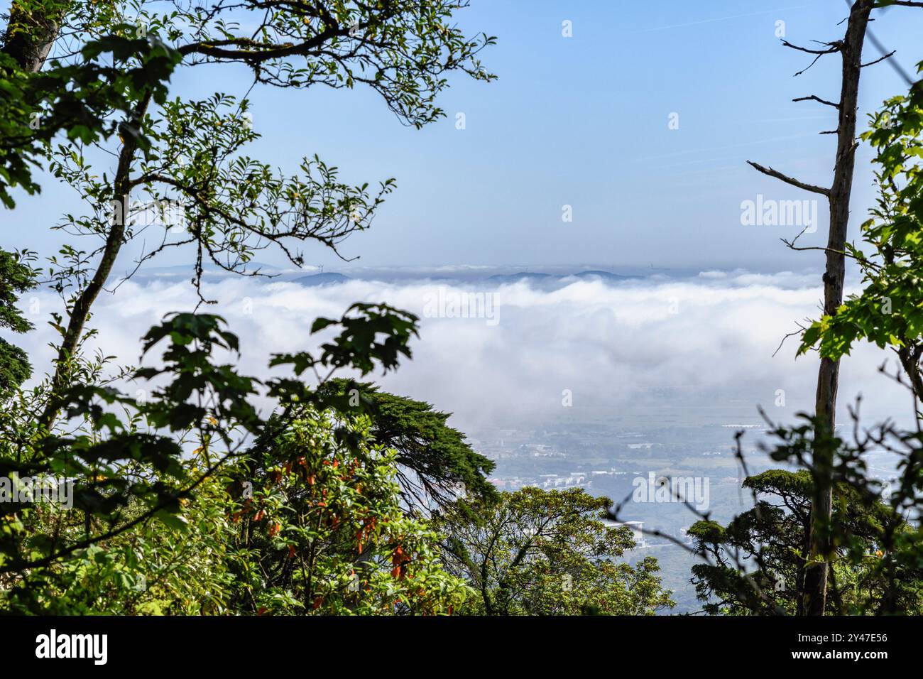 Aerial view of the surroundings of the Pena Palace with many clouds ...