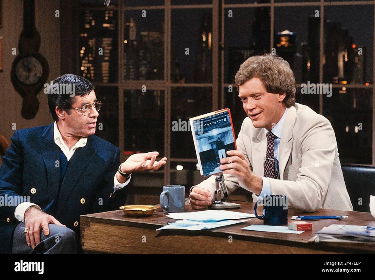 DAVID LETTERMAN American TV host at right interviewing comedian Jerry ...