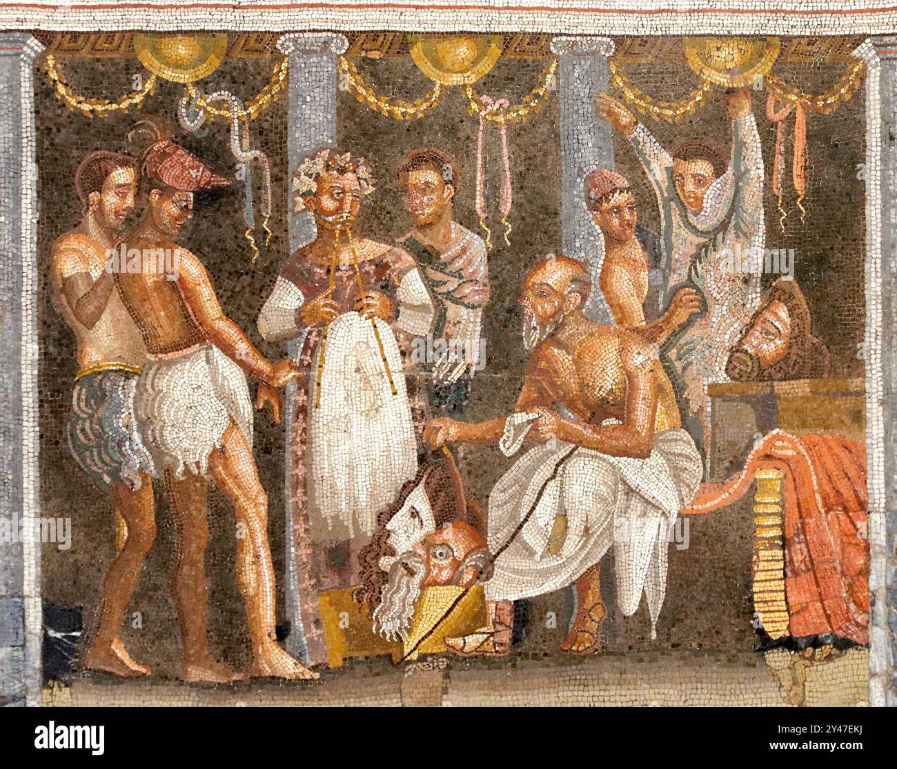 POMPEII Roman mosaic of actors and a man playing aulos pipes Stock ...