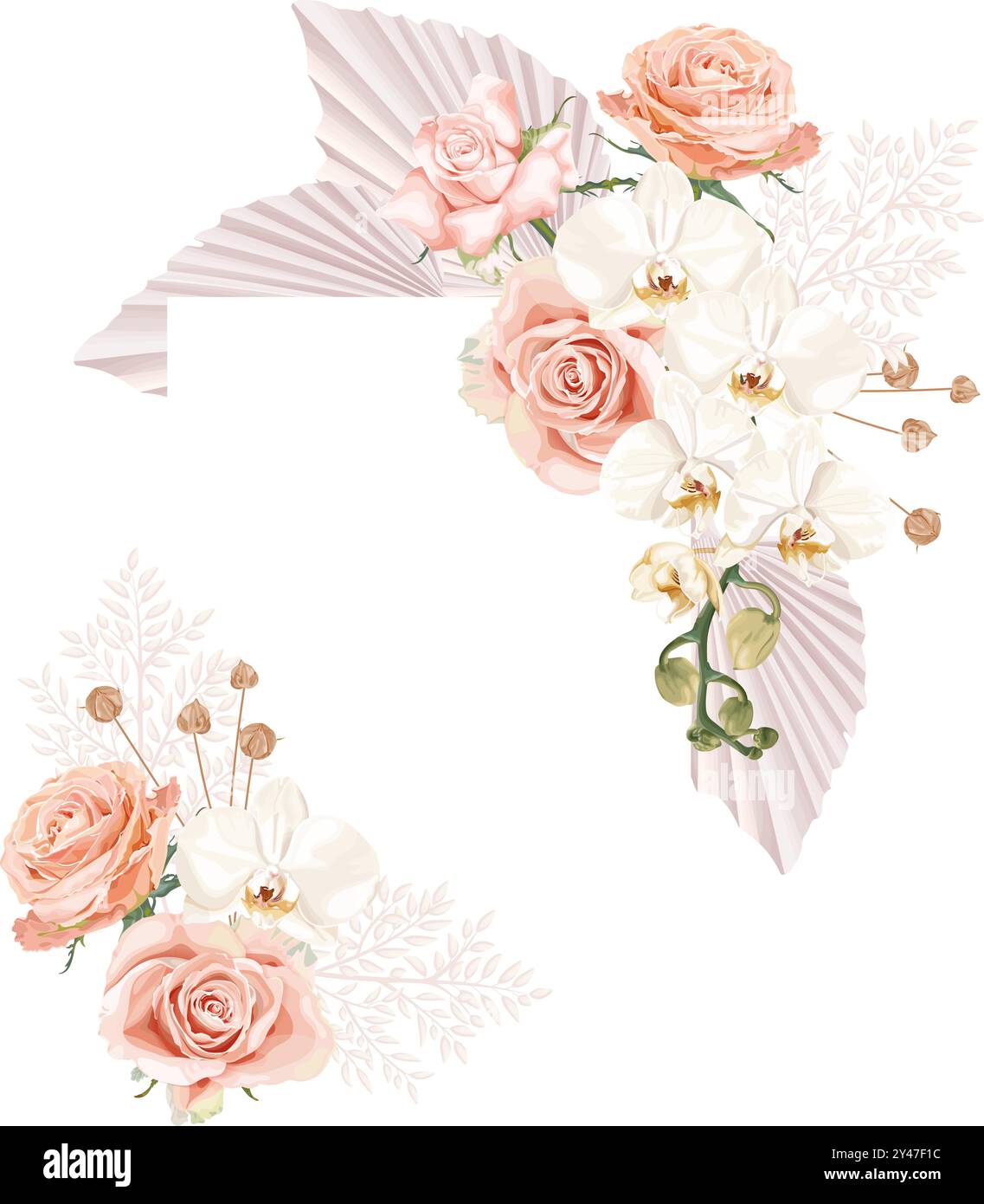 A wedding vector frame in boho style with flowers pink roses, white ...