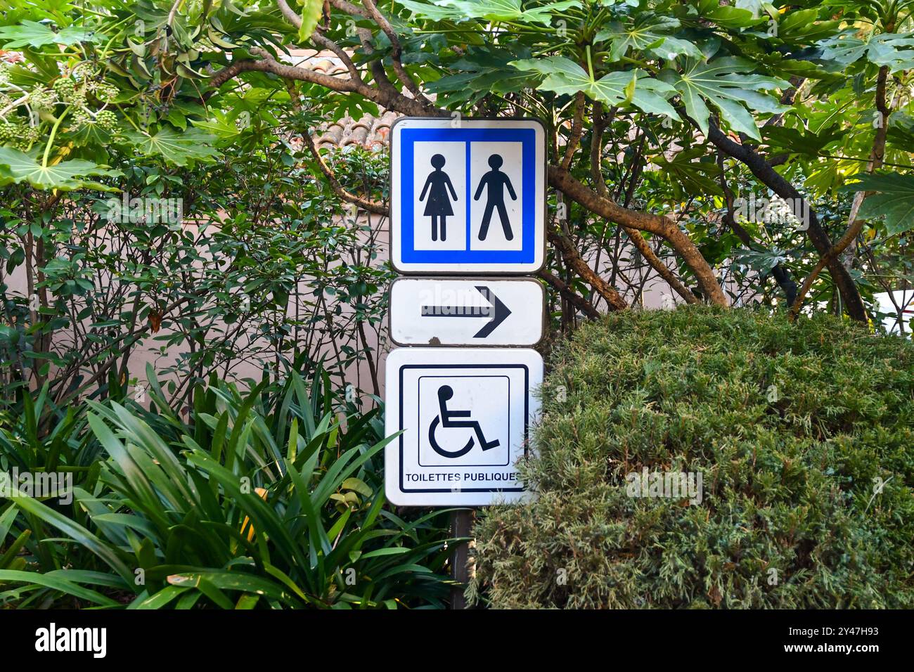 Public and disable toilet signs in the Saint Martin Gardens, Monaco ...