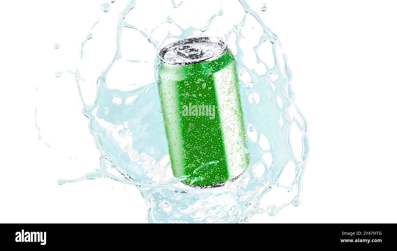 Blank green soda can water splash mockup, depth of field Stock Photo ...