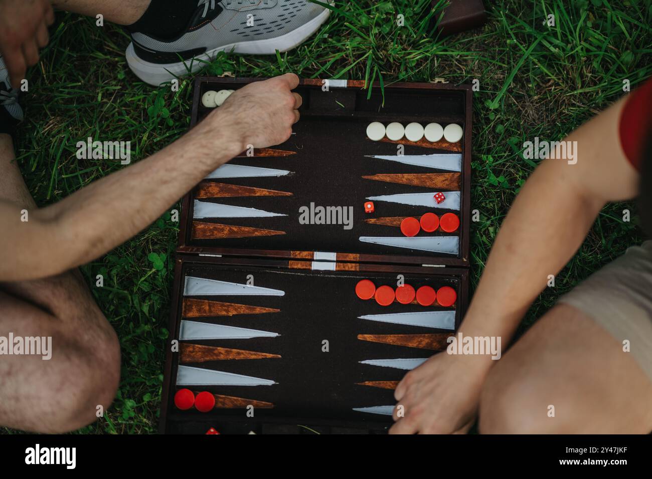 Two friends enjoying an outdoor backgammon game on the grass Stock ...