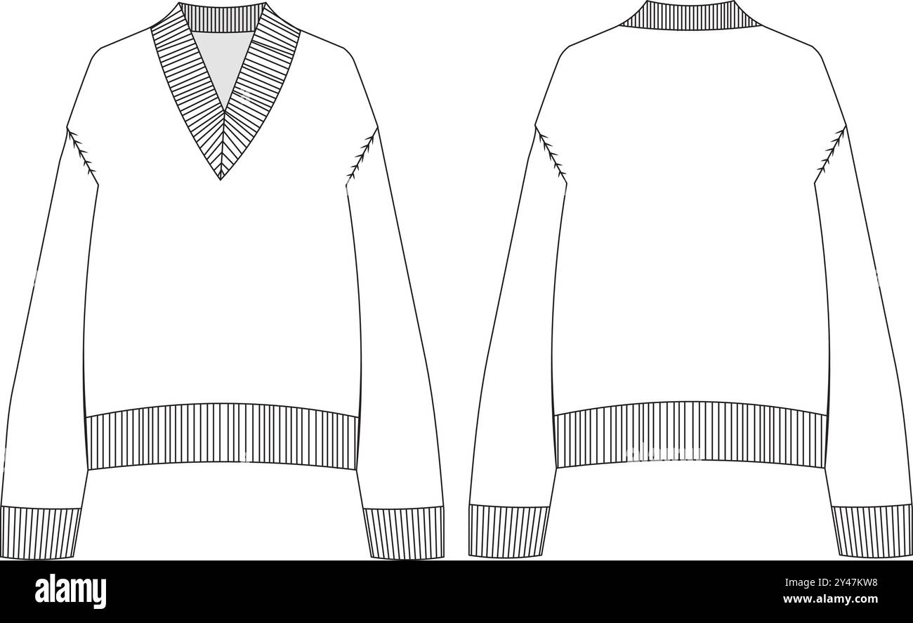 Oversized slouchyribbed v neck long sleeve sweater technical drawing ...
