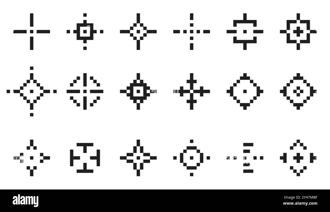 Pixel aim icon. Crosshair for shooting game, bullseye aim target for ...