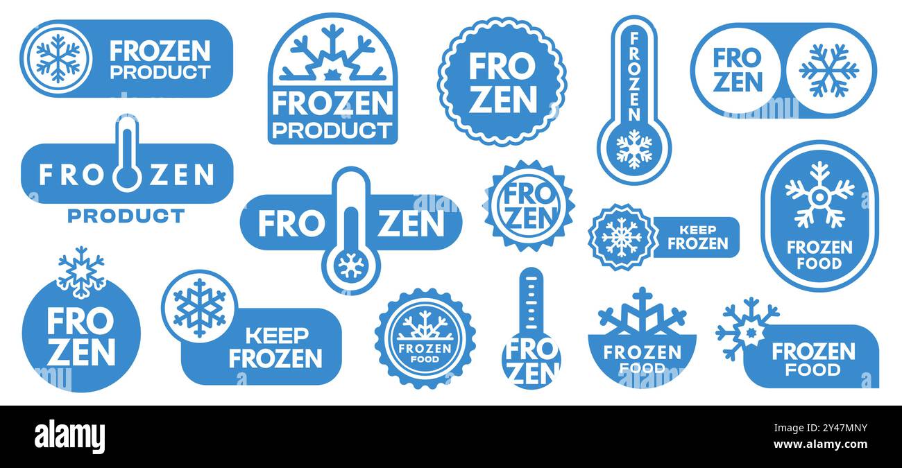Frozen product label. Keep frozen icons with snowflake, ice cream and ...