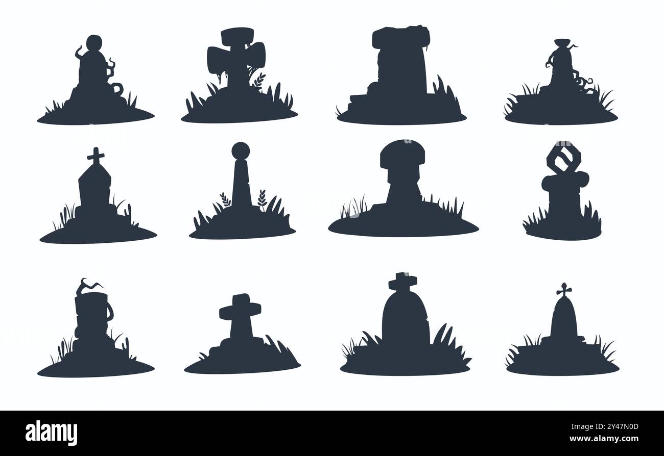 Black gravestone icons. Empty tombstone silhouettes, old christian ...