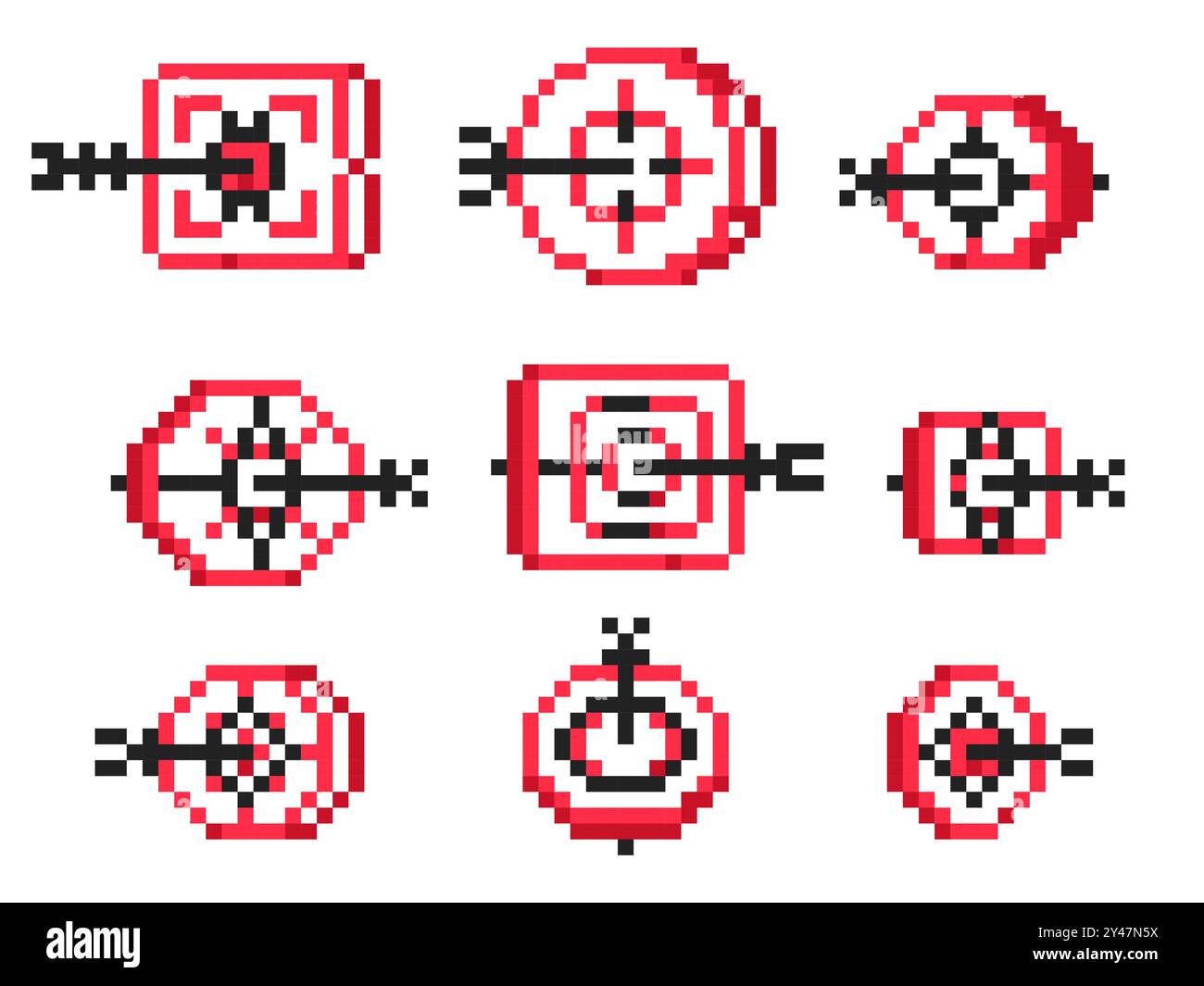 Pixel target and arrow. Retro 8 bit video game sprite asset, simple old ...
