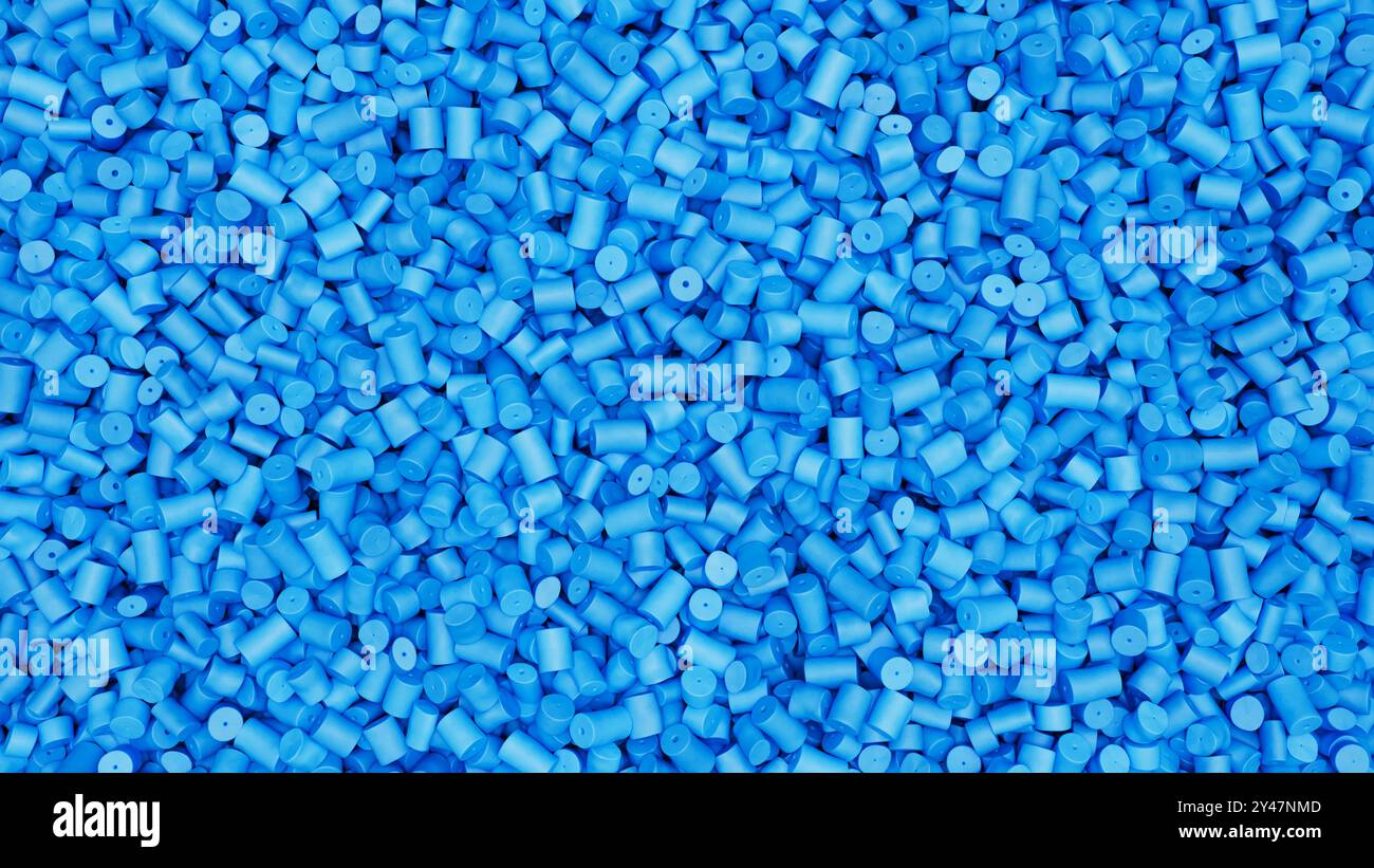 Closeup top view of blue plastic polypropylene granules, masterbatch ...
