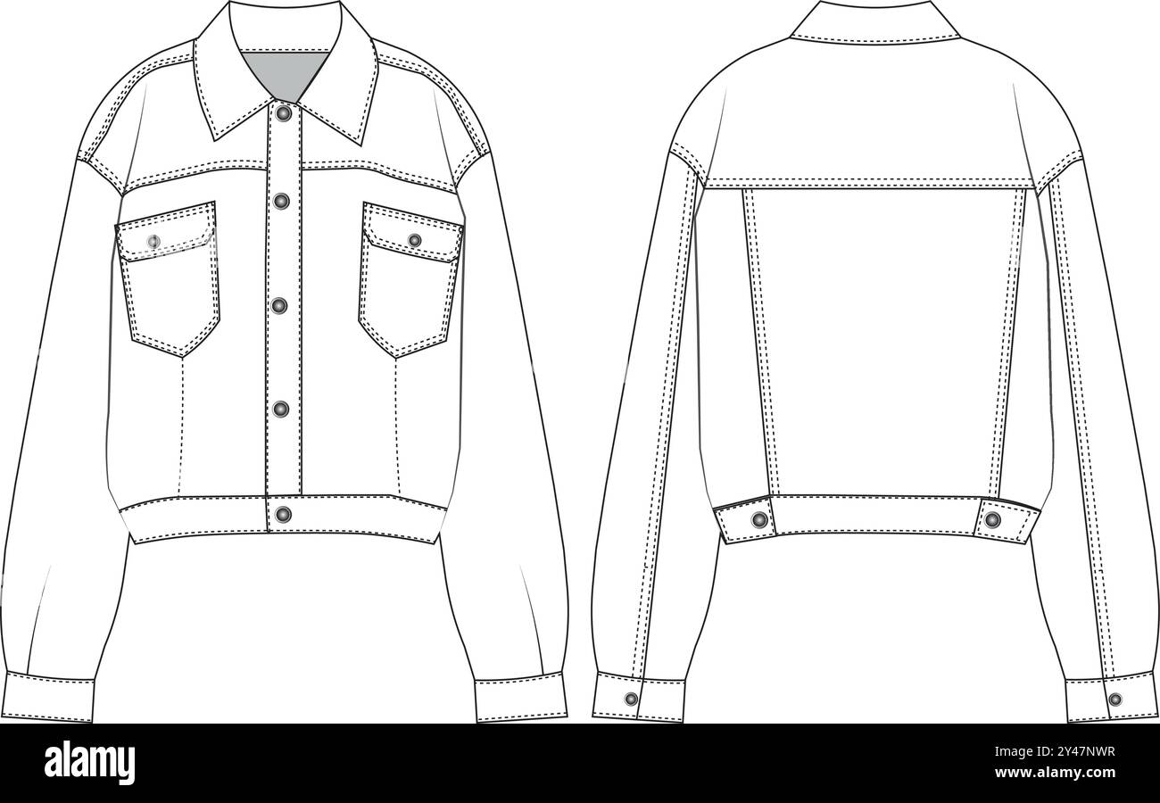 collared balloon long sleeve denim jacket technical drawing flat sketch ...