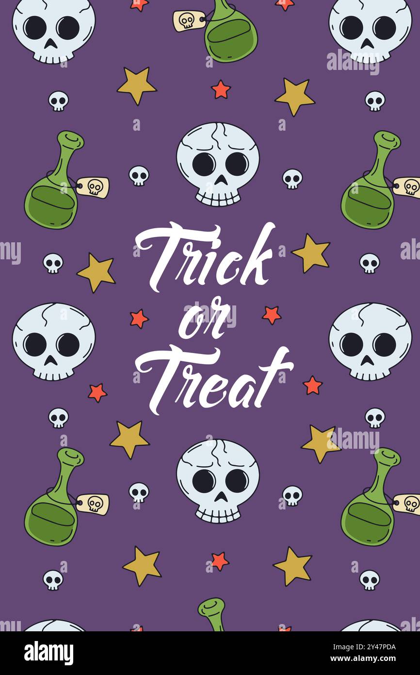 Card or poster with cute Halloween illustration with skulls and poison ...
