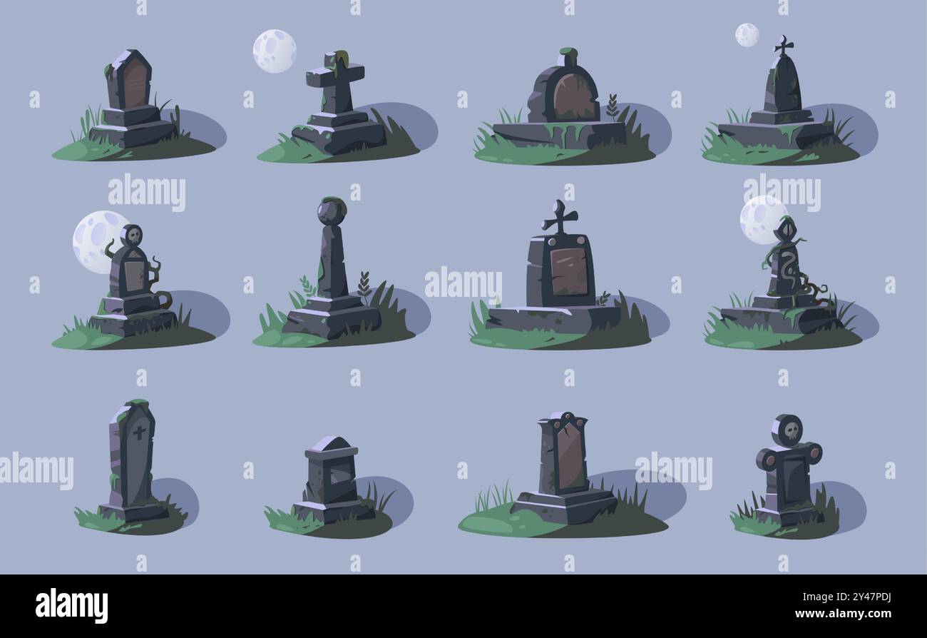 Empty tombstones. Cartoon grave stone with cross RIP inscription, cemetery headstone with empty ...