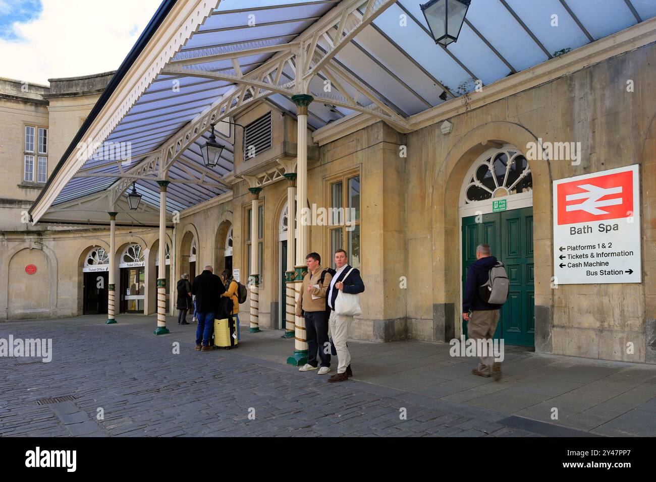 Front of Bath Spa railway station with sign, Bath, England, UK. Taken ...