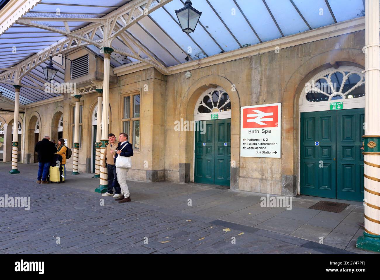 Front of Bath Spa railway station with sign, Bath, England, UK. Taken ...