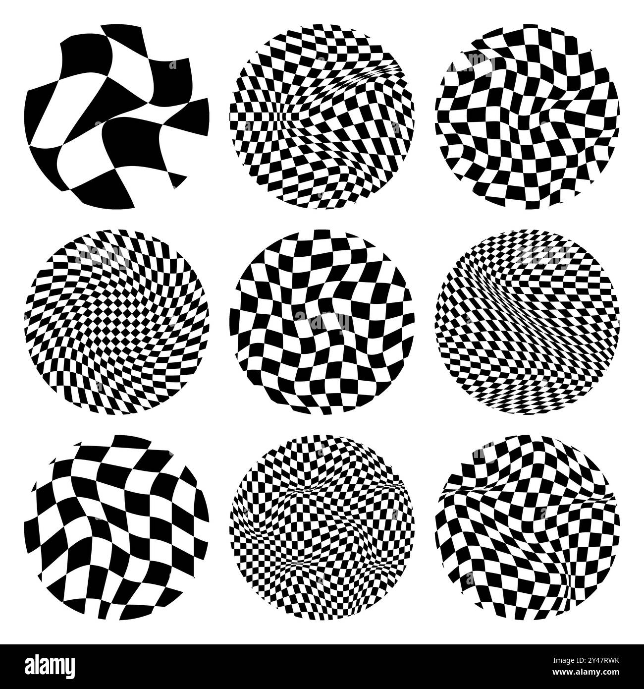 Trendy round checkered pattern, distorted tiled grid. Wavy curved backdrop, distortion effect ...