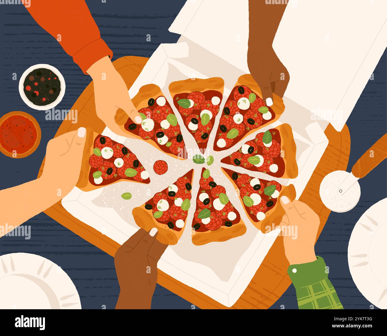 Hands with pizza slices. Cartoon people holding pieces of pizza with ...