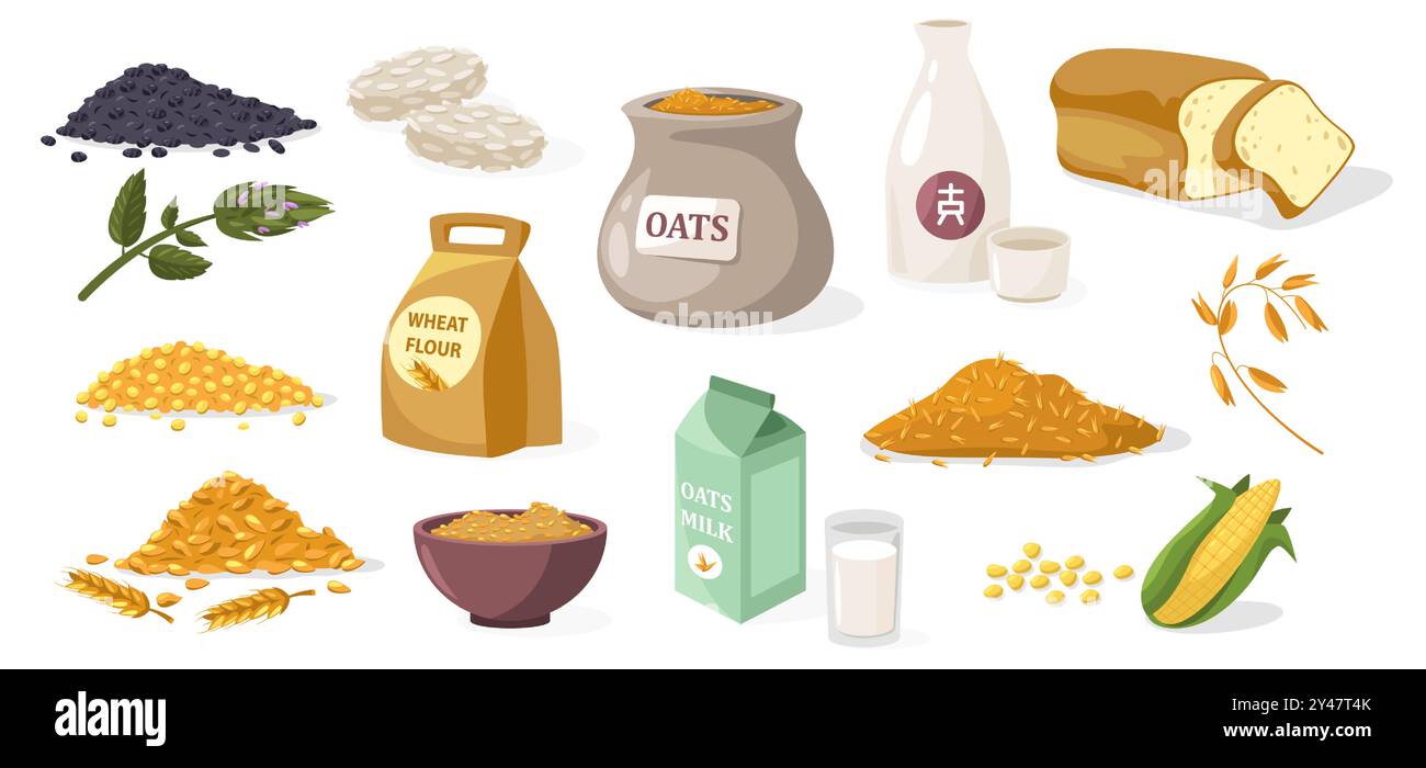 Cereal grains. Cartoon cereal flour rice wheat barley corn rye oats ...