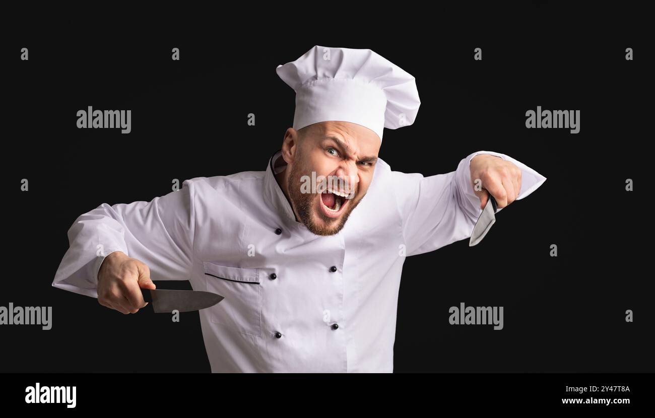 Crazy Chef Man Holding Knives Threatening Posing In Studio, Panorama ...