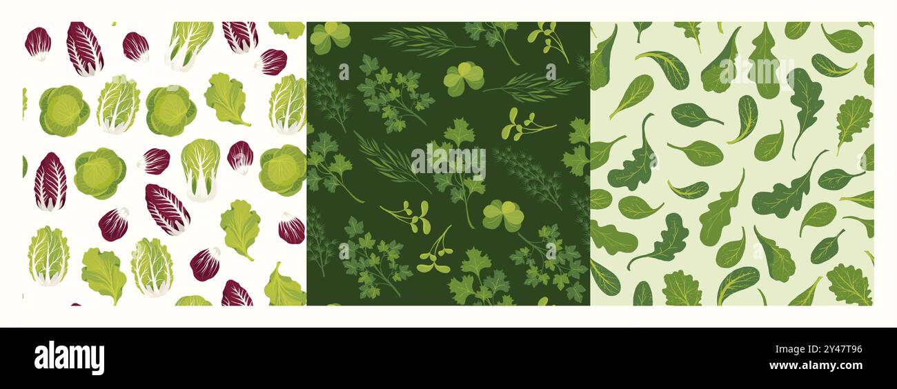 Salad patterns. Seamless print of green vegetable leaf mix, vegan food ...