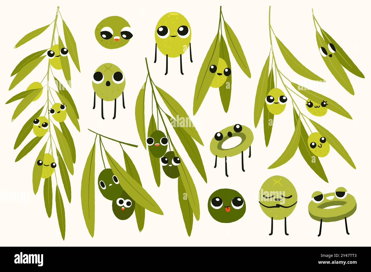 Cartoon olive characters. Cute organic smiley faces with different ...