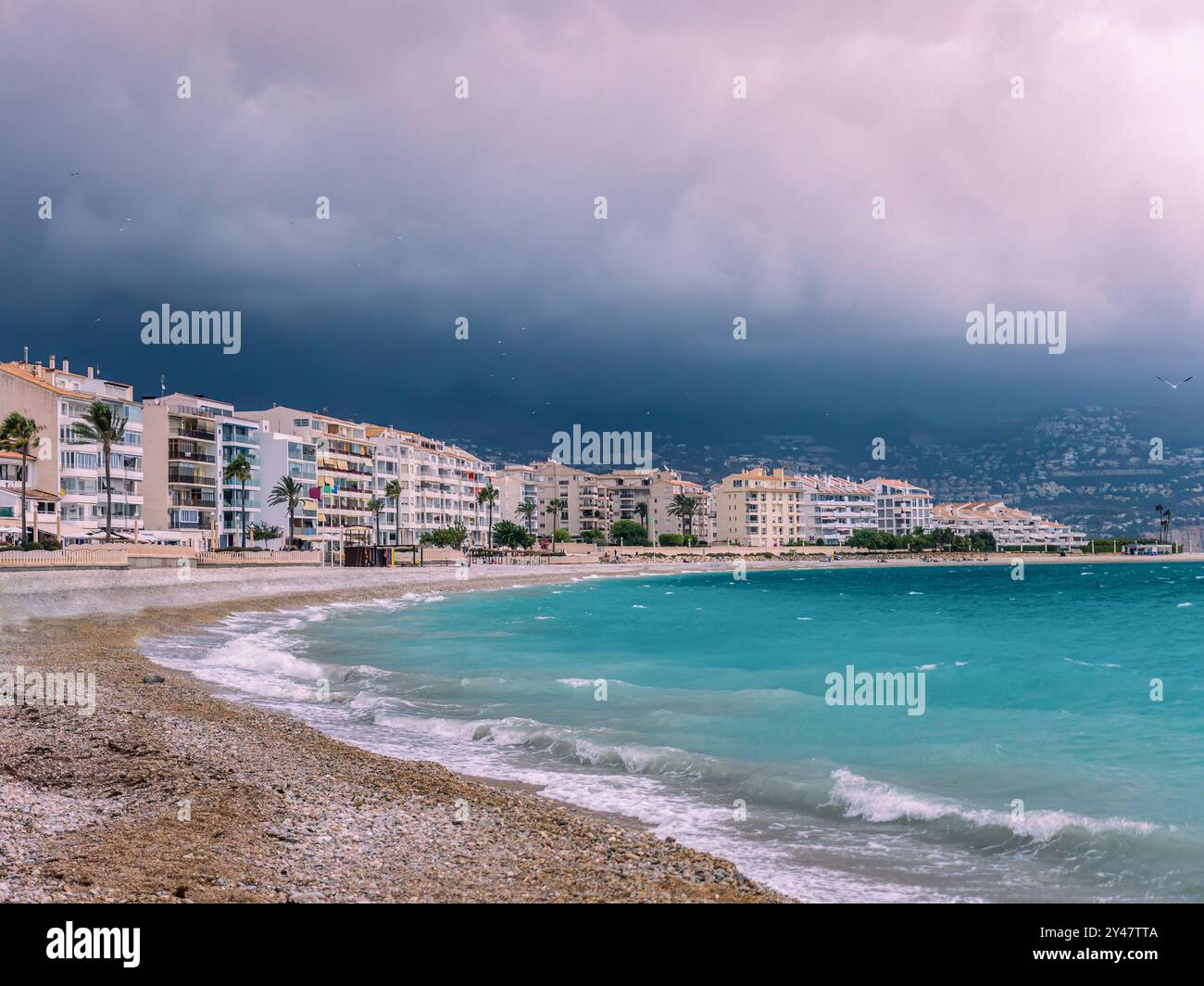 A view of coastal resort town Altea, just before a storm with the ...