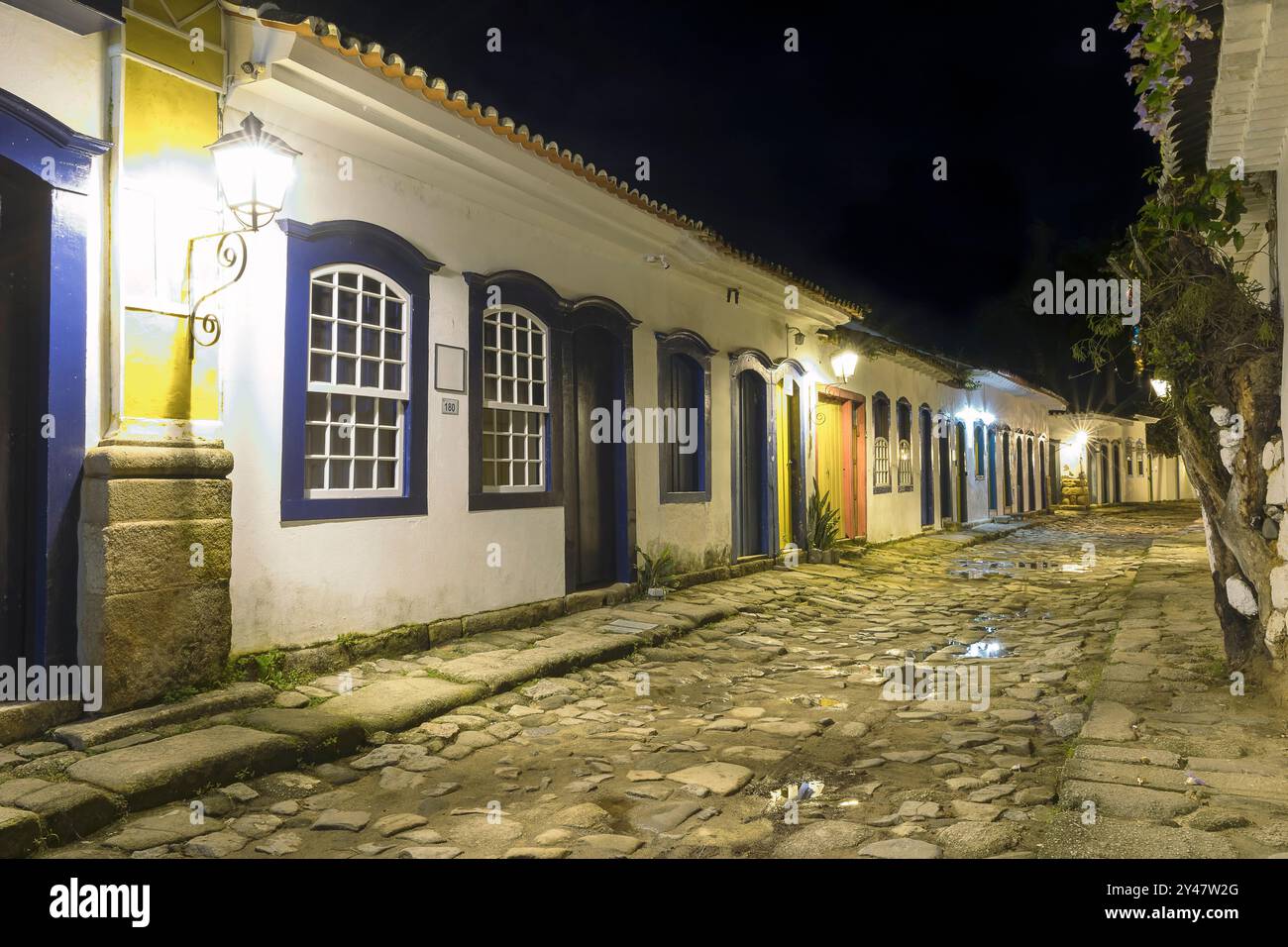 Paraty, Brazil. Street in historic downtown at night. Colonial period ...