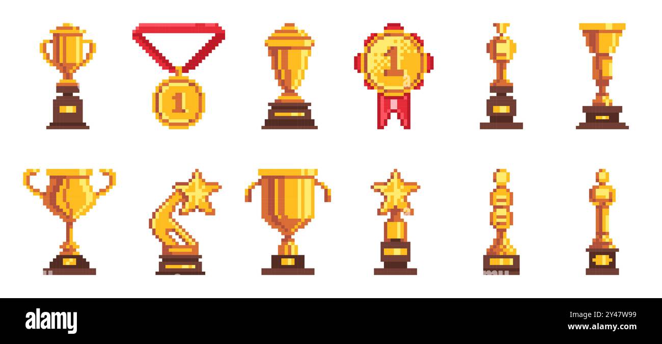 Pixel game award. Retro vintage 8 bit video game sprite, shiny golden ...
