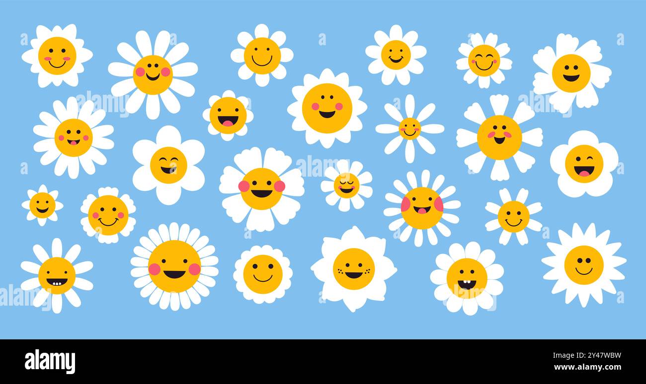 Groovy daisy flowers. Cartoon cute chamomile icons with funny faces and ...