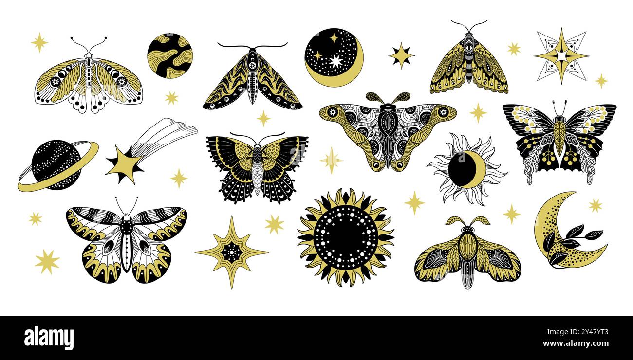 Celestial boho butterflies. Bohemian magic ethnic butterfly sketch ...