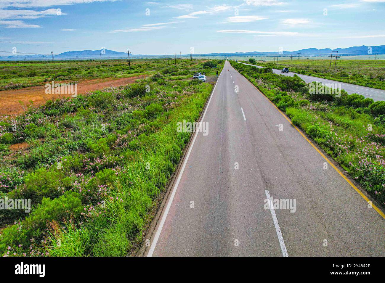 Paved road lanes with horizontal parallel lines, aerial view of dotted ...