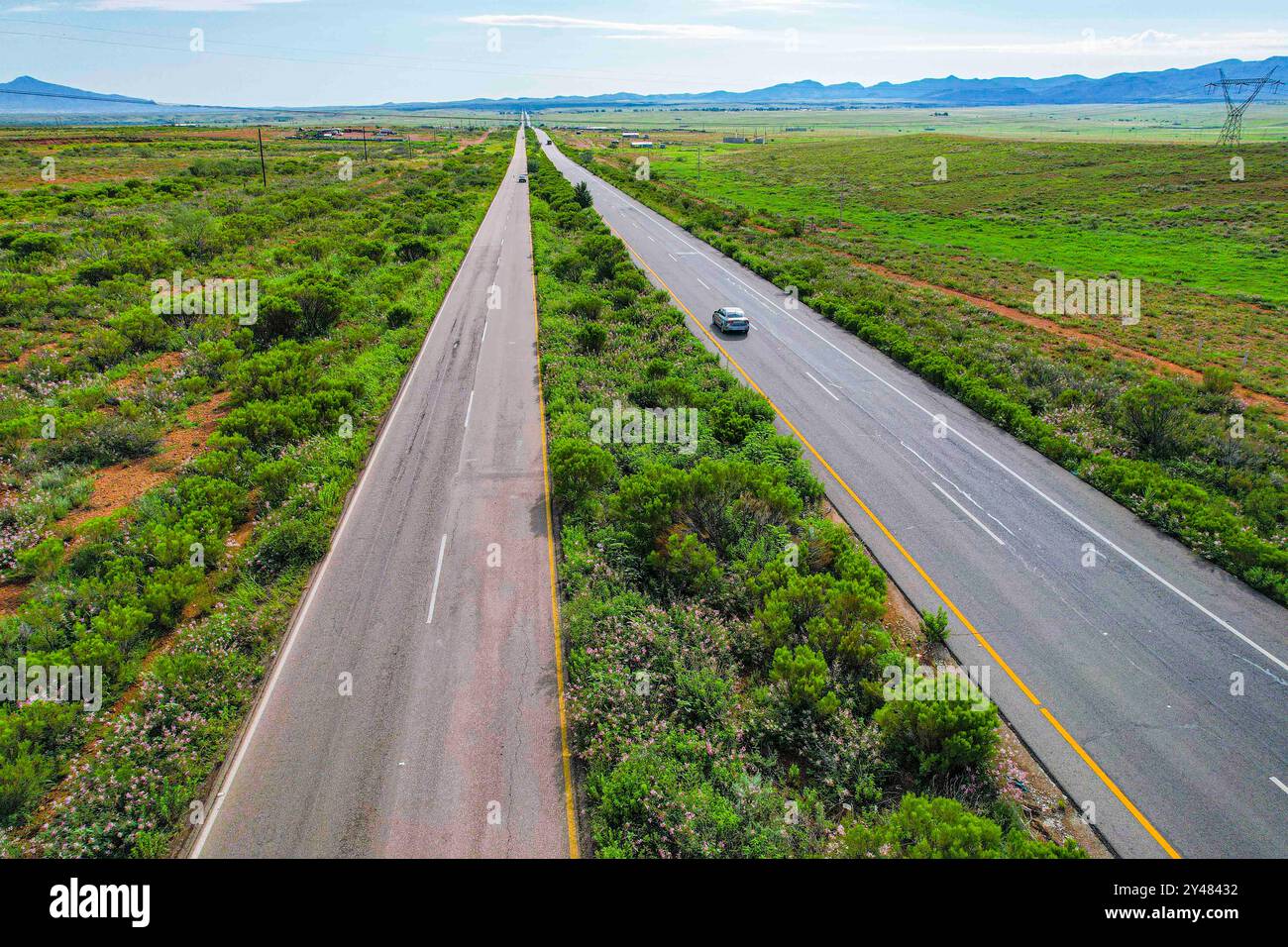 Paved road lanes with horizontal parallel lines, aerial view of dotted ...