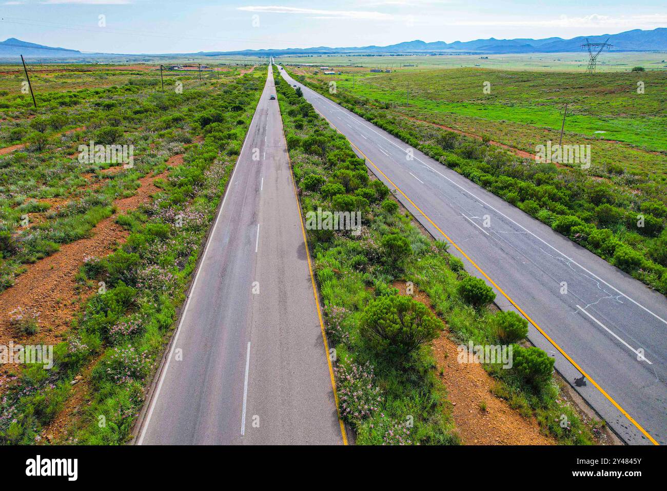 Paved road lanes with horizontal parallel lines, aerial view of dotted ...